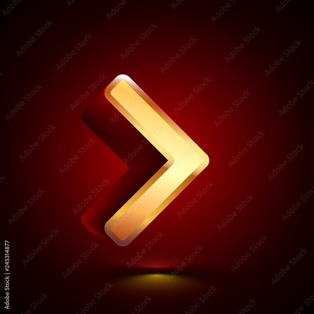 3D stylized Greater Than icon. Golden vector icon. Isolated symbol ...