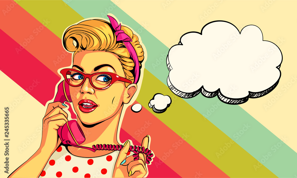Beautiful pin up girl on telephone vector illustration in pop art style ...