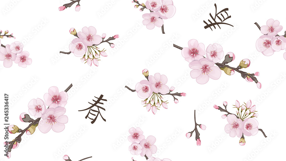 Handmade Seamless pattern in oriental style. Flying sakura flowers ...