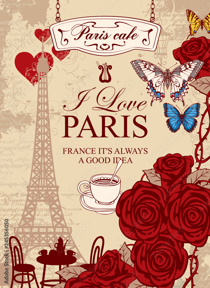 Vector menu for Paris cafe with the Eiffel Tower, table and chairs ...