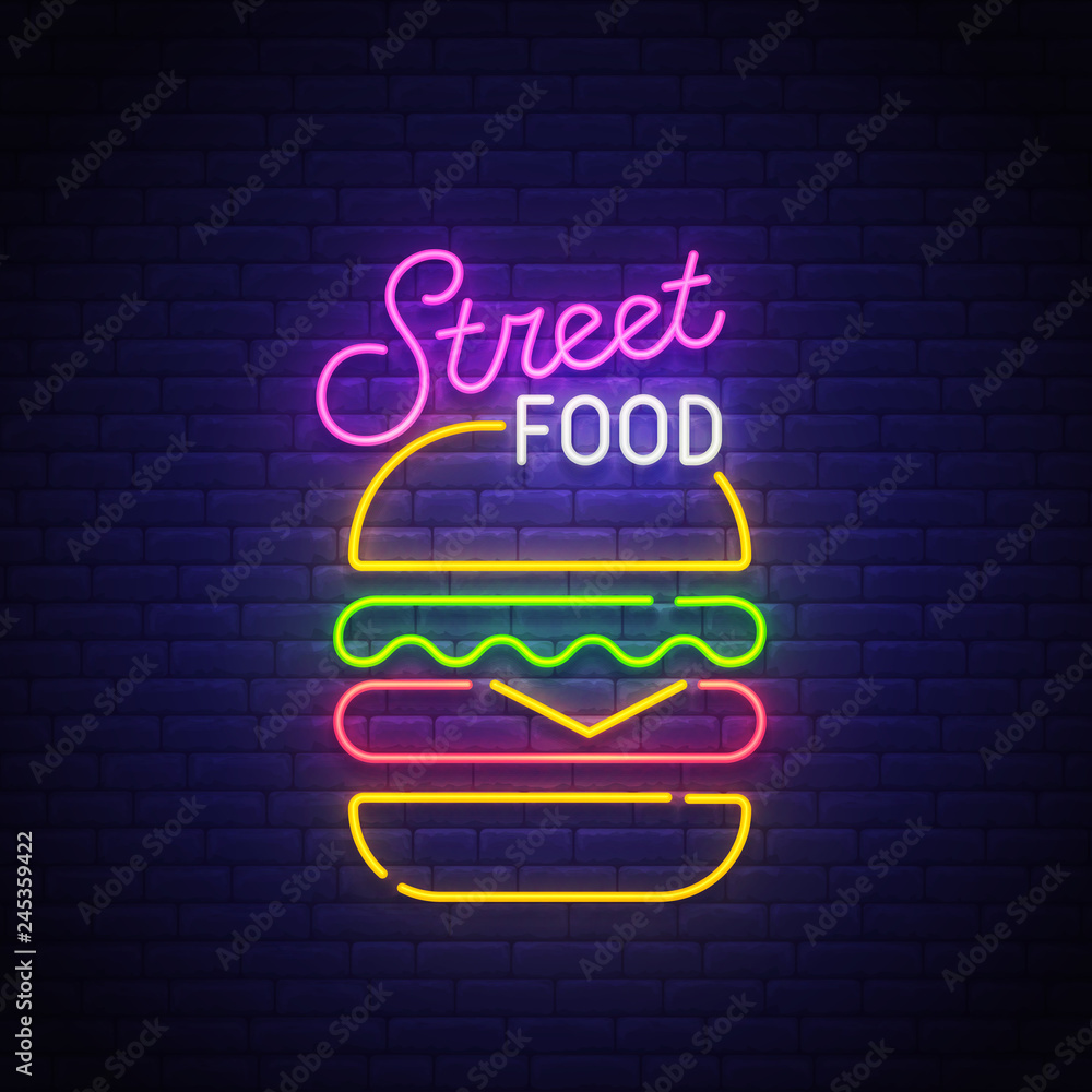 Street food neon sign, bright signboard, light banner. Burger logo neon ...