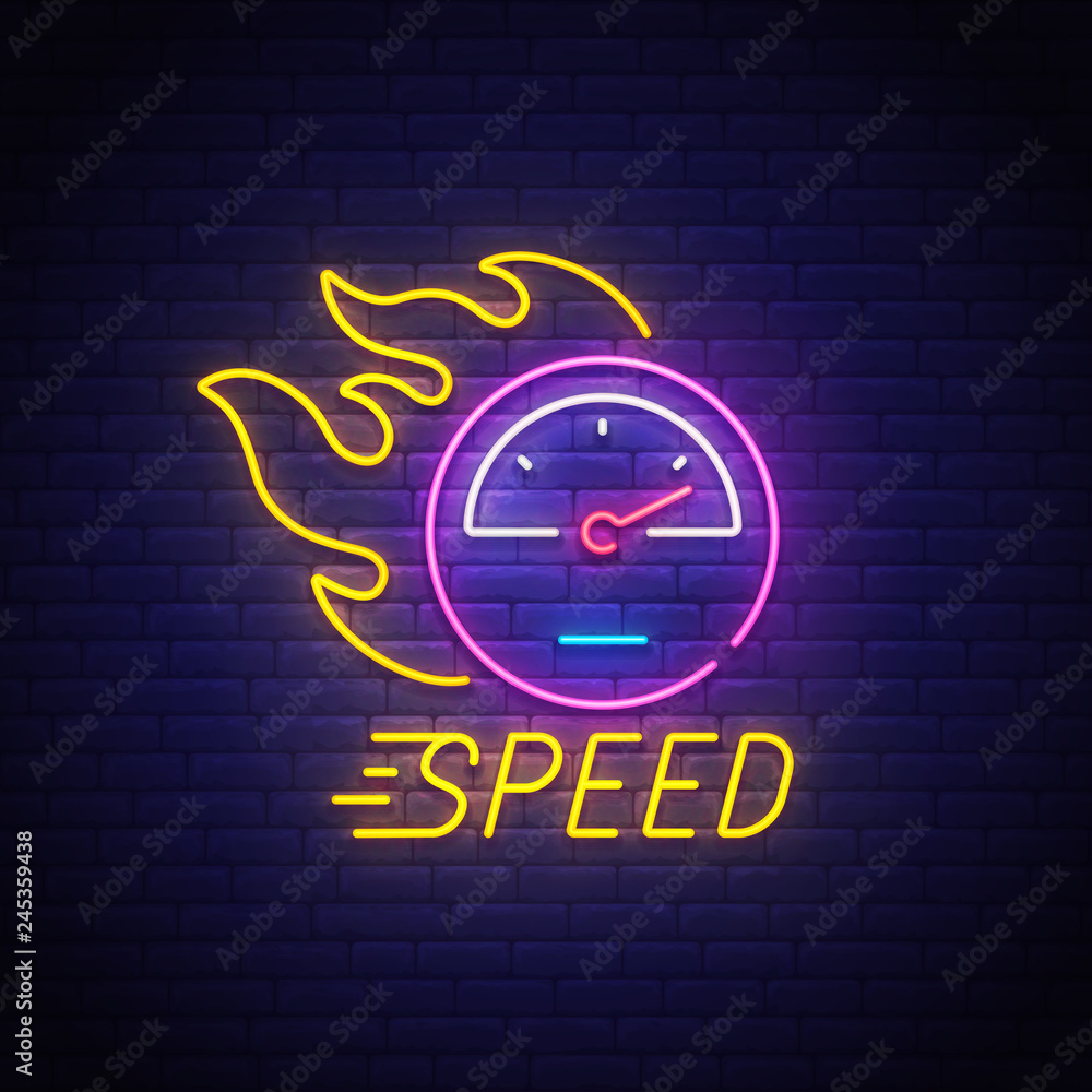 Speed neon sign, bright signboard, light banner. Speedometer logo neon ...