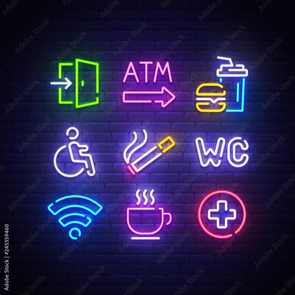 Neon sign. Icon set, bright signboard, light banner. Neon icon, emblem ...
