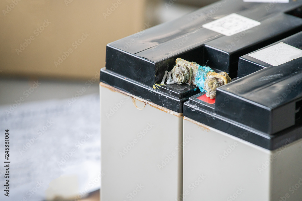 Old battery corrosion, seal lead acid battery damage. Stock Photo ...