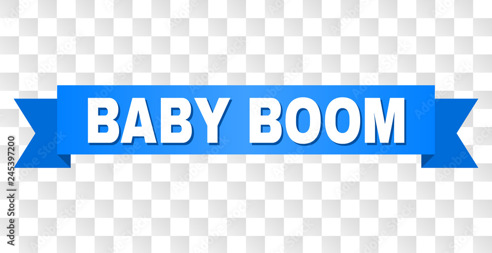 BABY BOOM text on a ribbon. Designed with white caption and blue tape ...