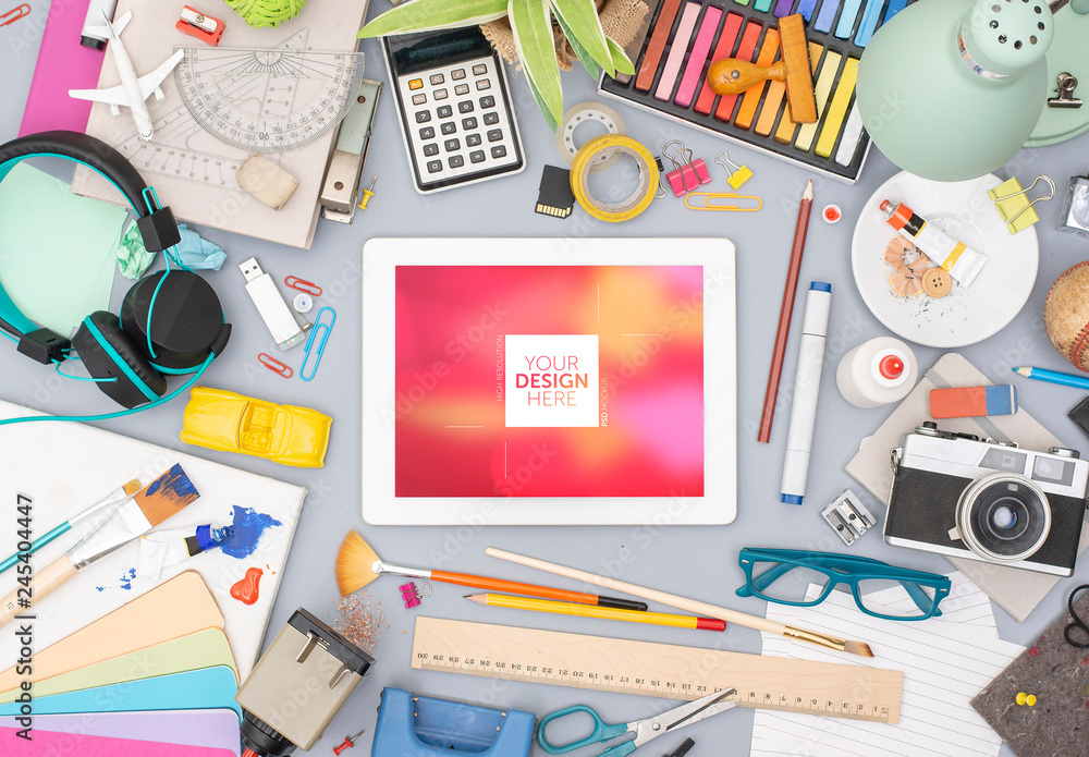 Desk with Tablet and Colorful Art Supplies Mockup Stock Template ...