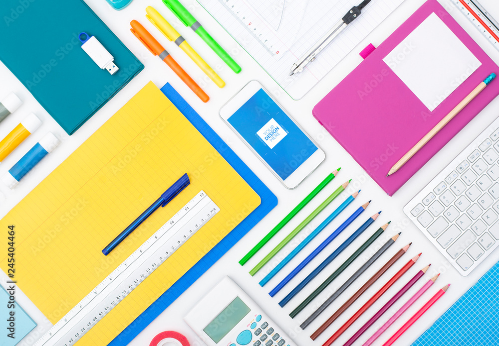 Colorful School Supplies and Smartphone Mockup Stock Template | Adobe Stock