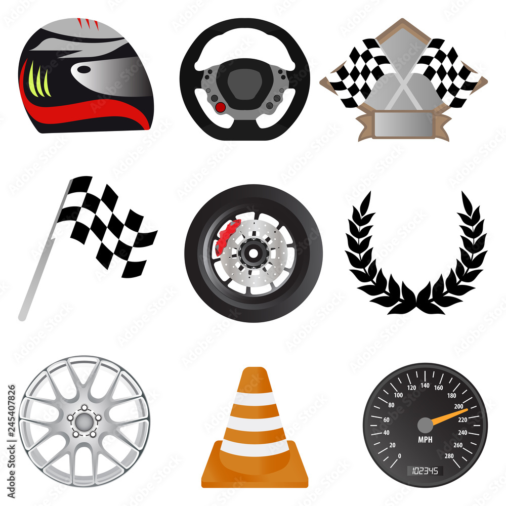 Racing icons. Racing objects including helmet, trophy, flag, wheel, rim ...