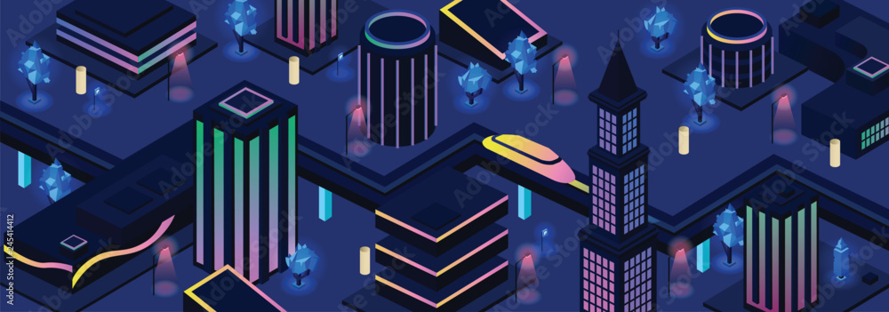 Future metropolis or city night streets illuminated neon color lights ...