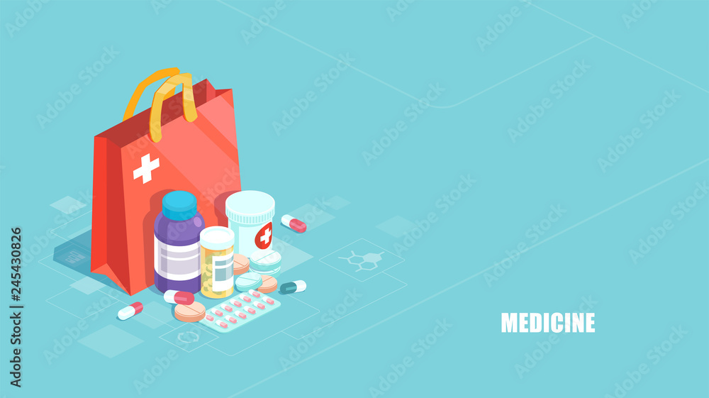 Vector of medicine, hospital set of drugs with labels on blue ...