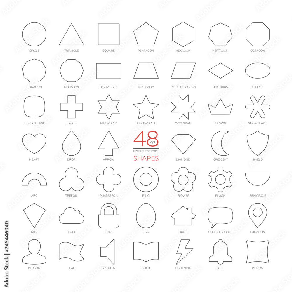 Editable stroke ouline vector set basic geometric shapes. Kids thin ...
