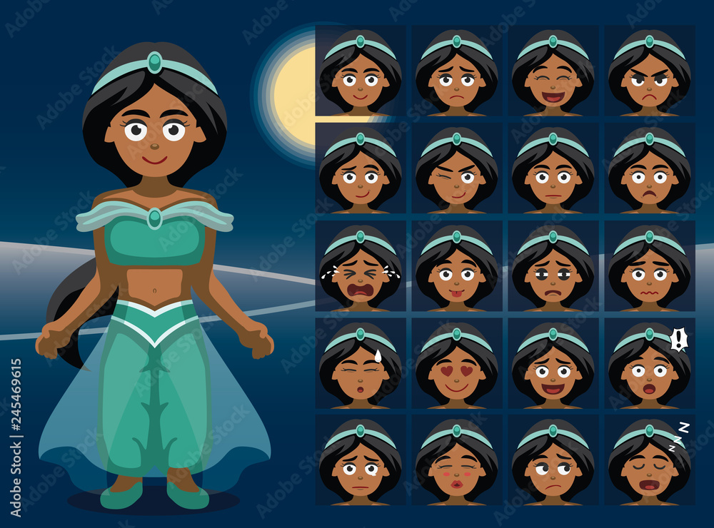 Arabian Night Princess Girl Cartoon Emotion faces Vector Illustration ...