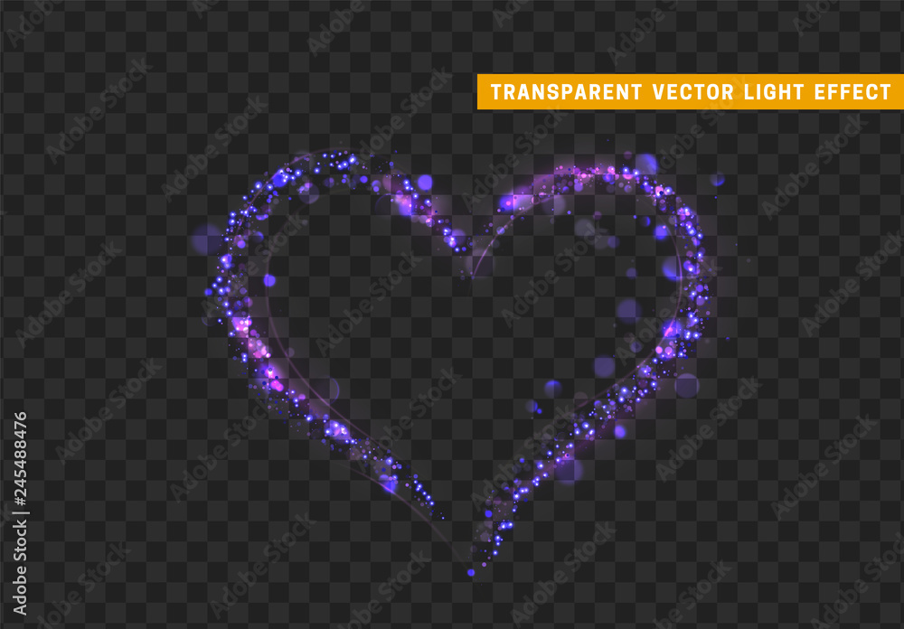Purple heart of glitter light effect. Glowing sparkling particles on ...