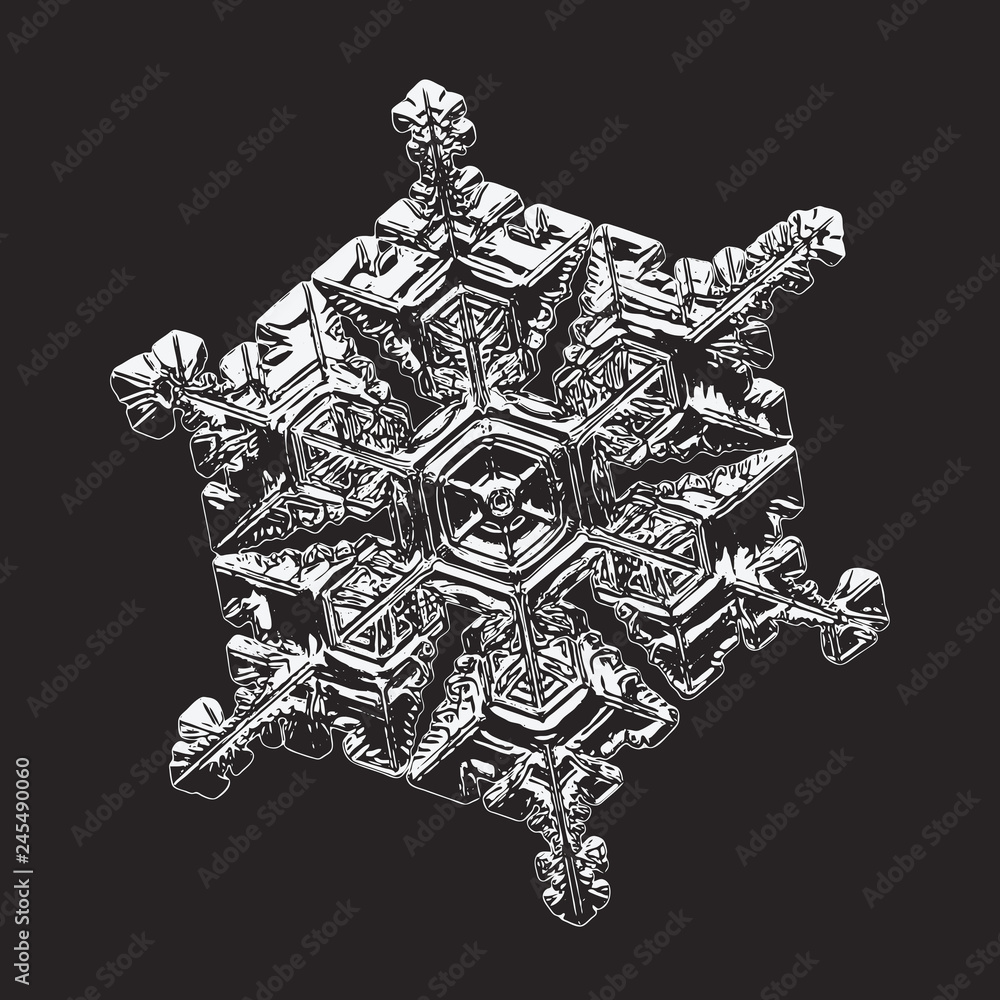 White snowflake isolated on black background. Vector illustration based ...