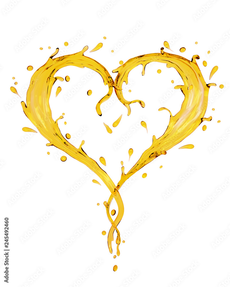 Splash ripple of liquid yellow oil, olive, lubricant in form of heart ...