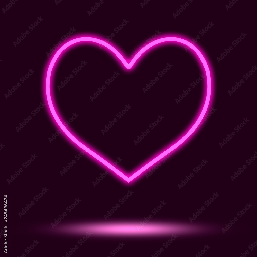 Purple neon glowing heart on dark background with copy space for your ...