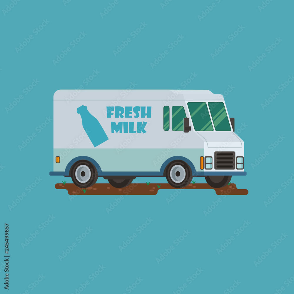 Vector flat design illustration milk delivery service. Fresh milk truck ...
