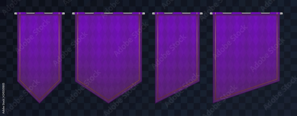 Set of violet royal medieval banners. Pennant templates with iron poles ...