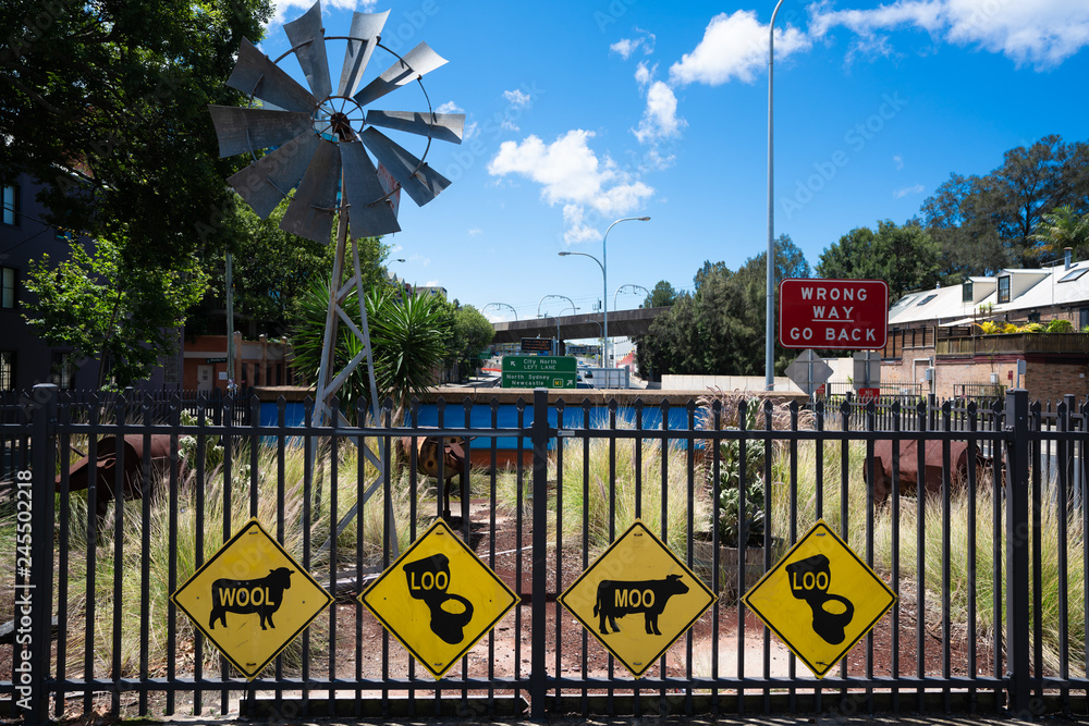Woolloomooloo neighbourhood entrance sign with name written on several ...