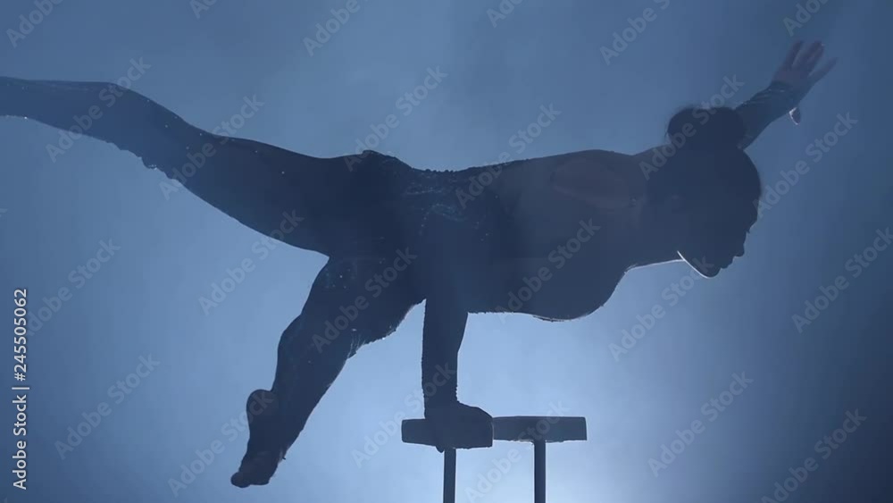 Acrobat girl holds her body in the air with one hand. Smoke background ...