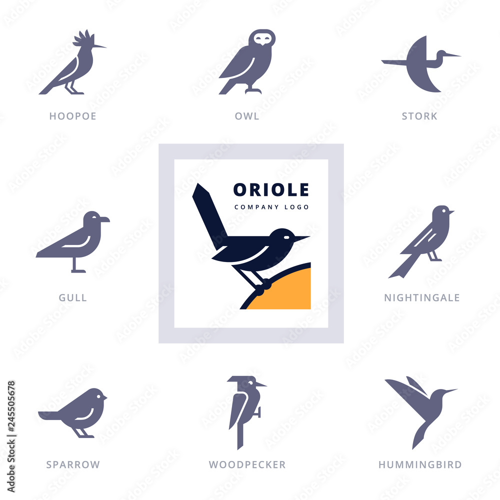 Set of various bird symbols and logo design elements for company and ...