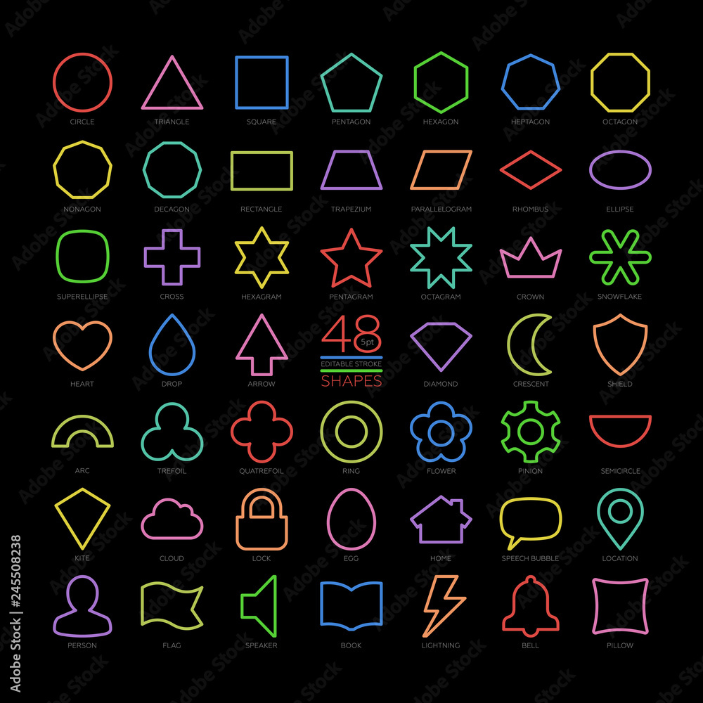 Editable stroke basic colorful outline shapes. Stock Vector | Adobe Stock