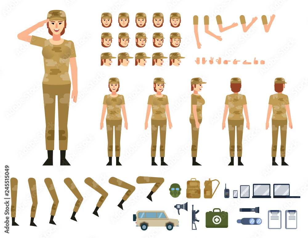 Female soldier in military clothing creation kit. Create your own pose ...