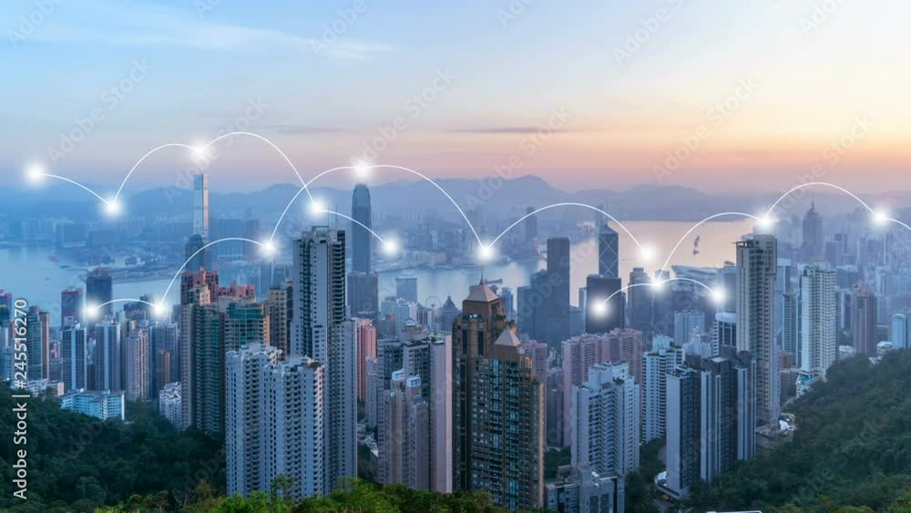 Digital network connection lines of Hong Kong Downtown. Financial ...