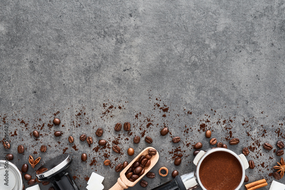Top view of coffee background. Assorted coffee beans, ground coffee ...