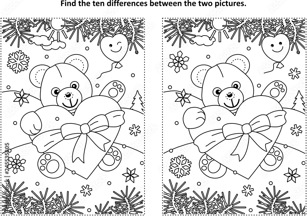 Valentine's Day find the ten differences picture puzzle and coloring ...