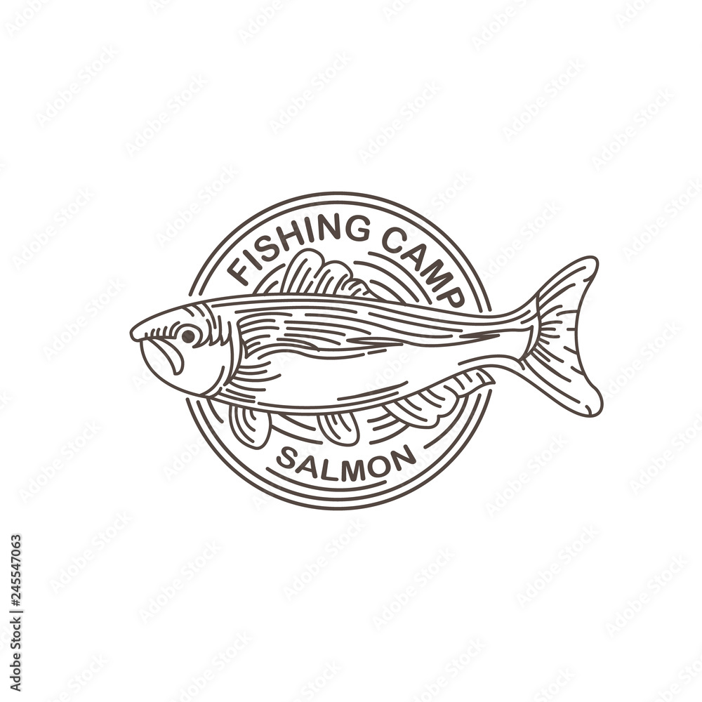 Salmon fishing camp vintage with monolinear logo design template Stock ...