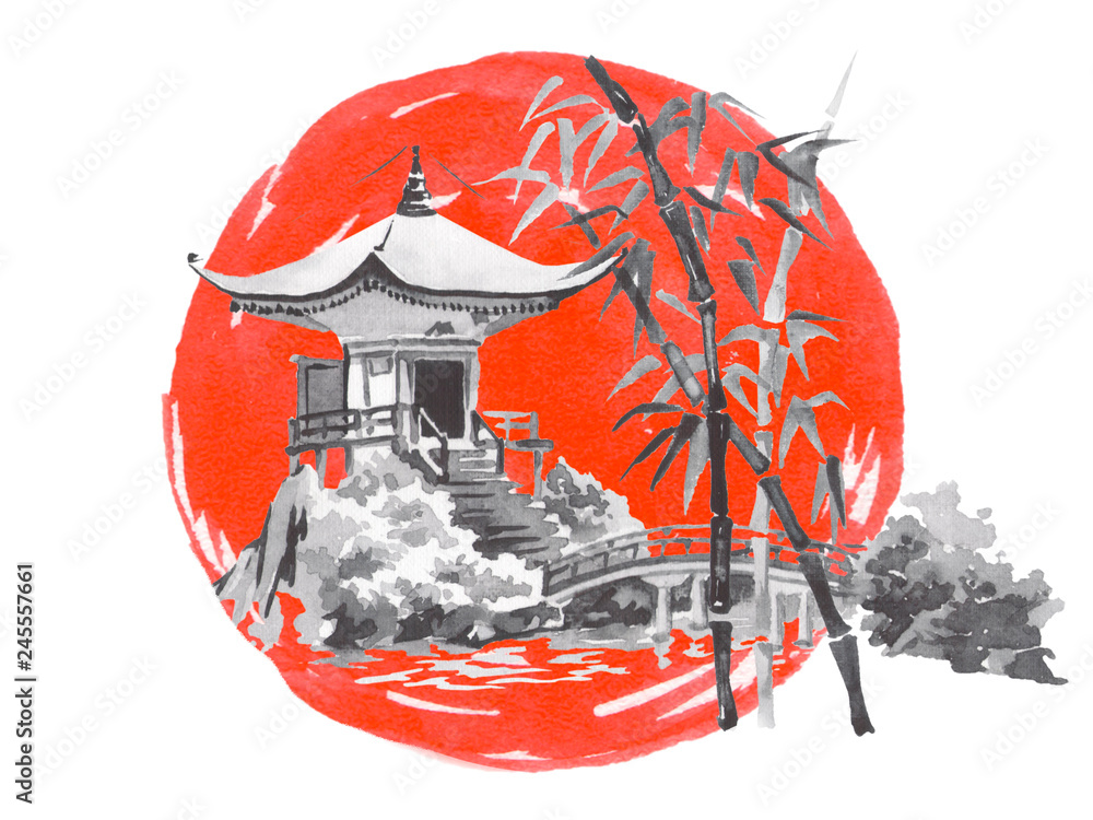 Japan traditional sumi-e painting. Fuji mountain, sakura, sunset. Japan ...