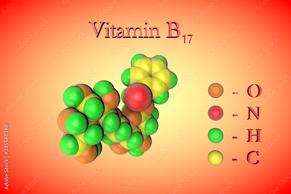 Molecular model of vitamin B17. Atoms are represented as spheres with ...