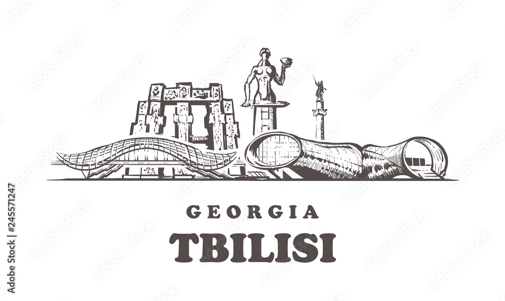 Tbilisi sketch skyline. Tbilisi, Georgia hand drawn vector illustration ...