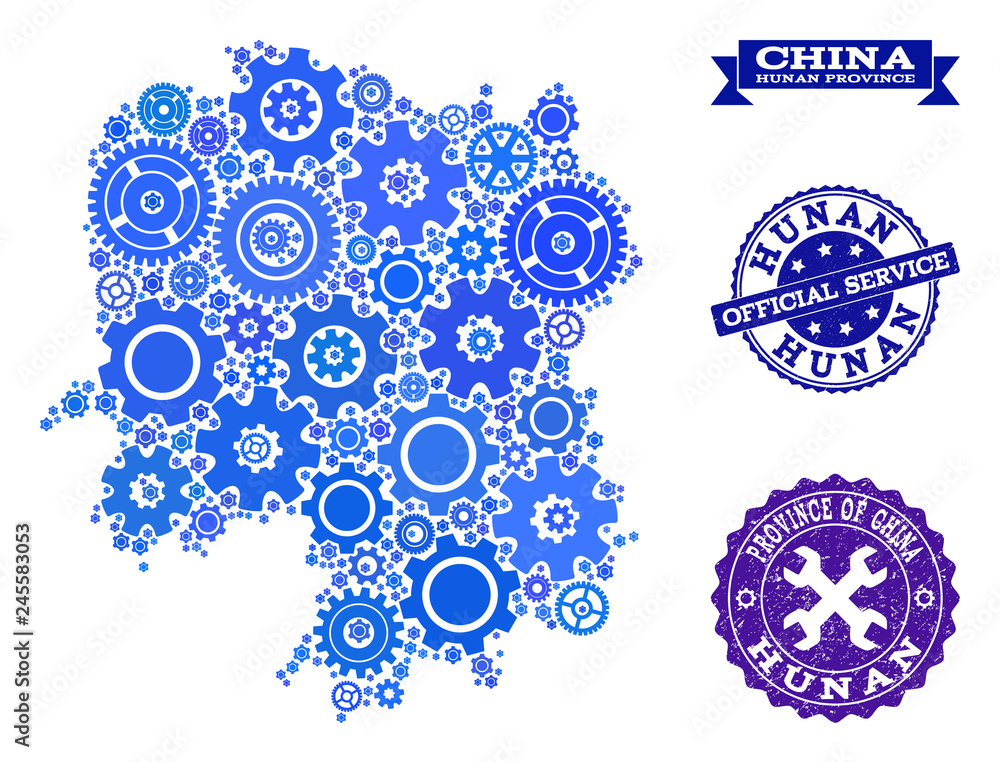 Map of Hunan Province created with blue gear symbols, and isolated ...