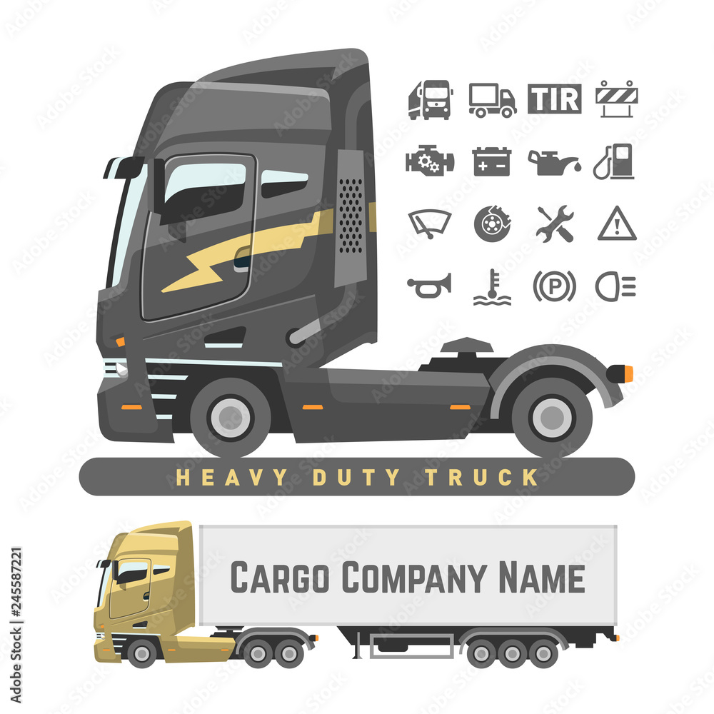 Vector flat illustration of heavy duty truck cab over. Semi-trailer ...