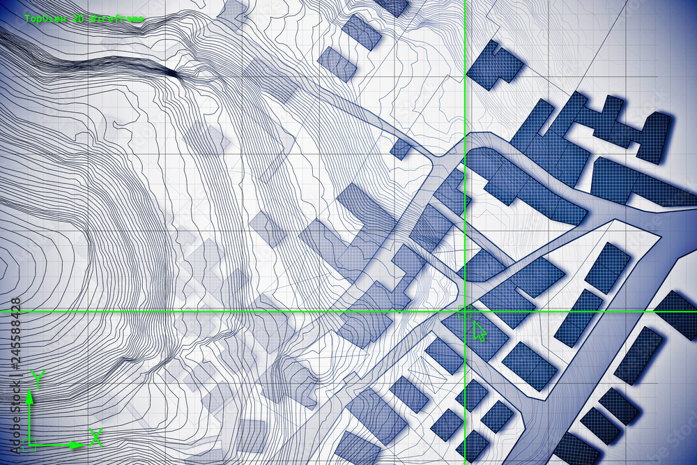 Imaginary cadastral map of territory with buildings and roads drawn ...