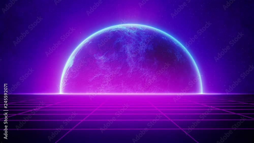 80s Retro Futuristic Blue Glowing Planet and Purple Grid. Seamlessly ...