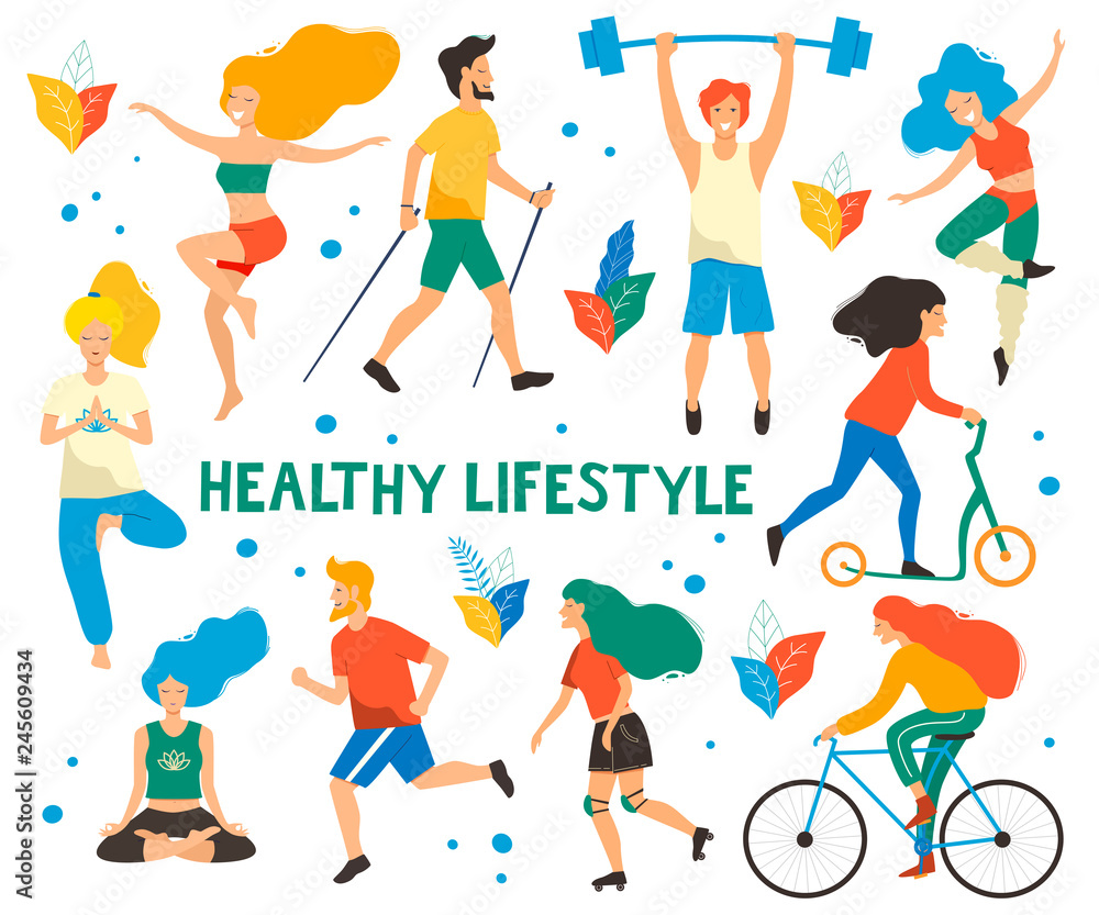 Healthy lifestyle. Different physical activities: running, roller ...