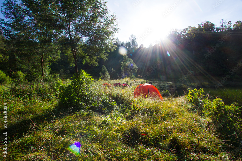 Camping tents on Lake Ranu Regulo, Mount Semeru Indonesia Stock Photo ...