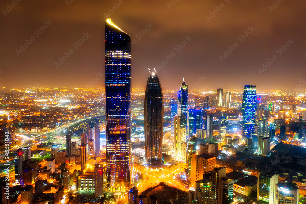 Kuwait Tower City Skyline glowing at night, taken in Kuwait in December ...