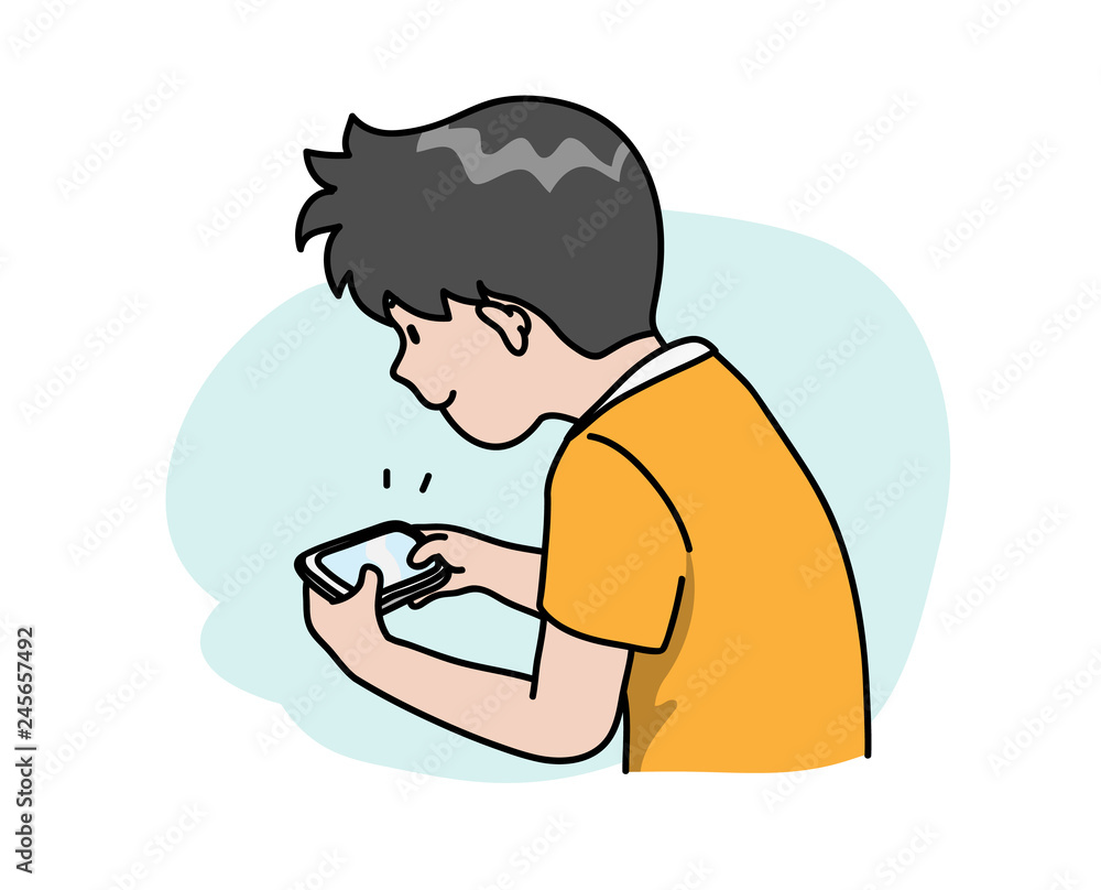Addicted to smartphone, a vector cartoon illustration of a young ...