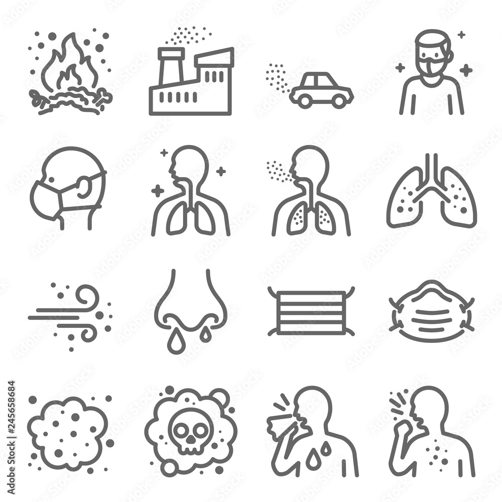 Dust Pollution Vector Line Icon Set. Contains such Icons as Lung ...