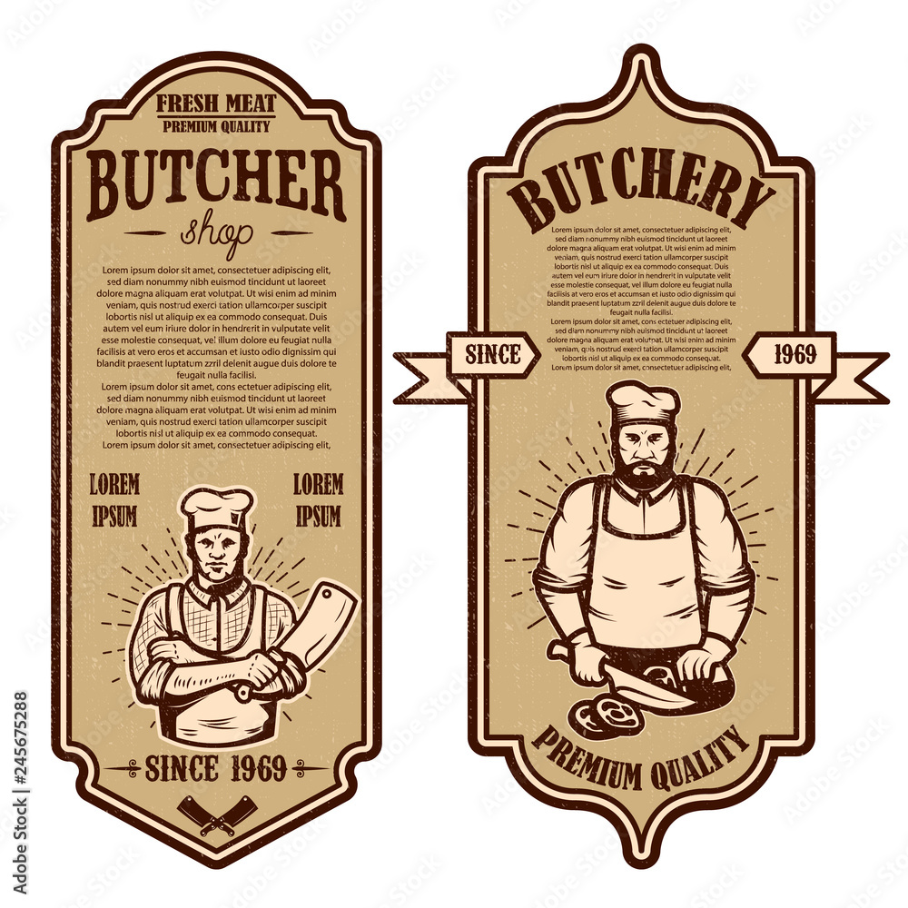 Set of vintage butchery and meat store flyers. Design element for logo ...