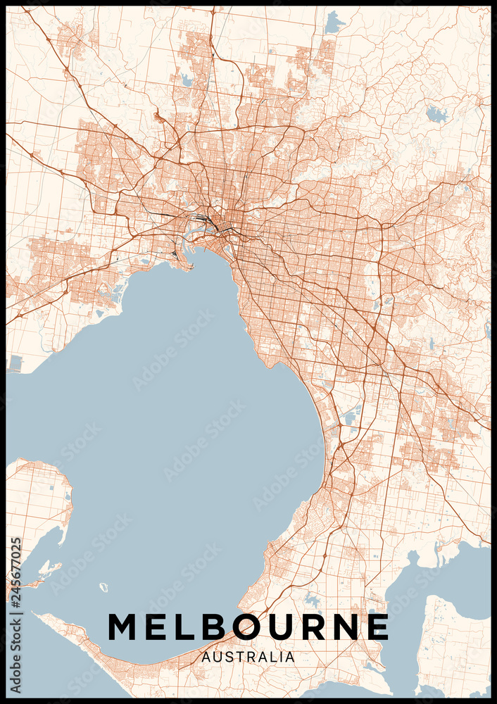 Melbourne (Australia) city map. Poster with map of Melbourne in color ...