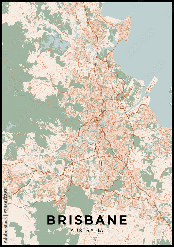 Brisbane (Australia) city map. Poster with map of Brisbane in color ...