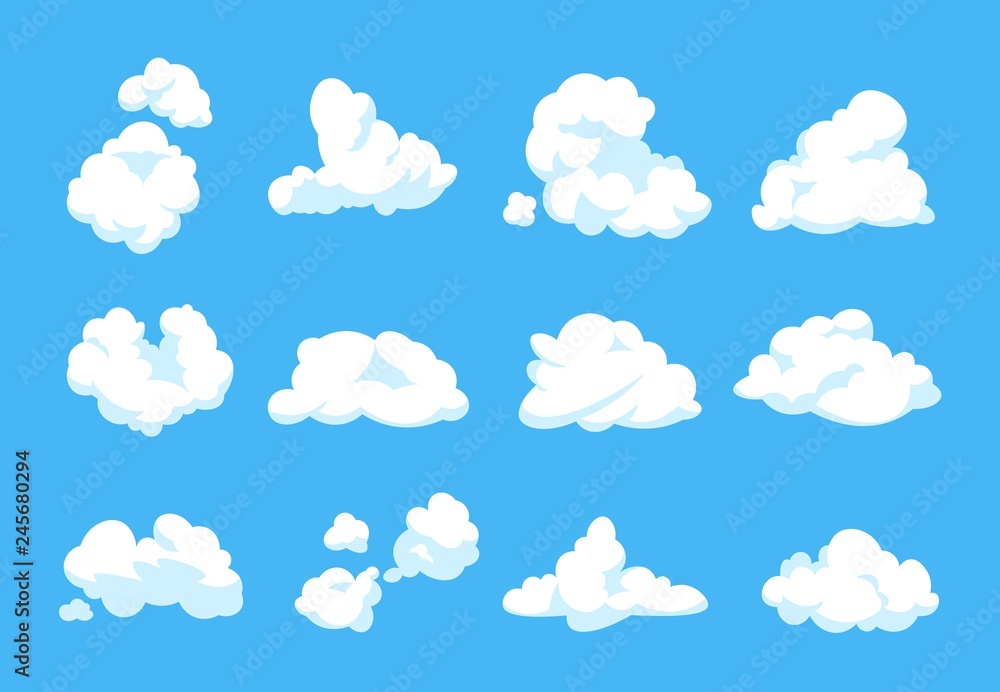 Cartoon clouds. Blue sky panorama heaven atmosphere vintage 2D fluffy ...