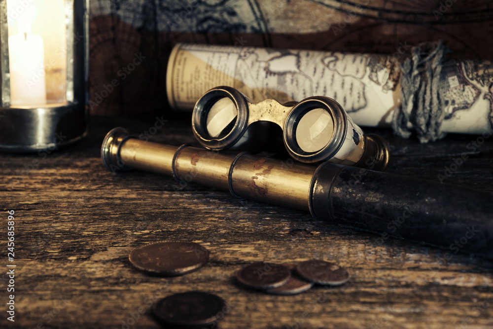 Pirate map.Ship lantern.Binoculars,monocles,spy glass.Travel and marine ...