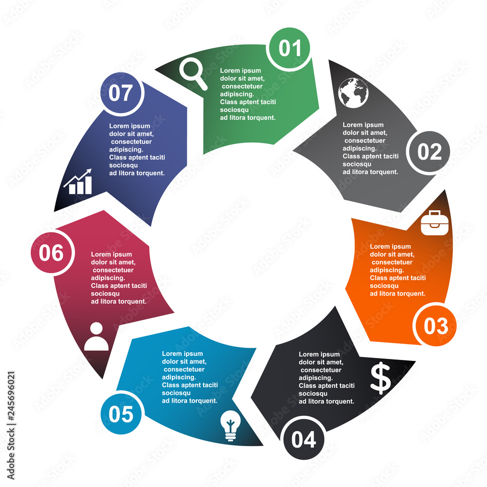 7 step vector element in seven colors with labels, infographic diagram ...