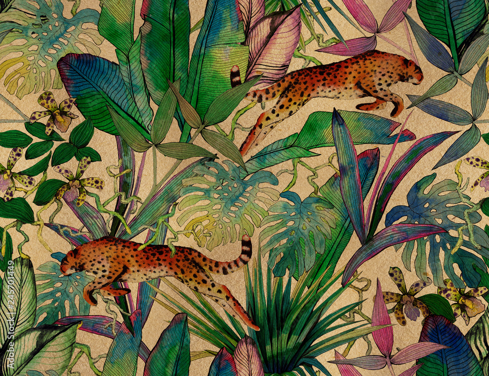 Tropical seamless pattern with tropical flowers, banana leaves and ...